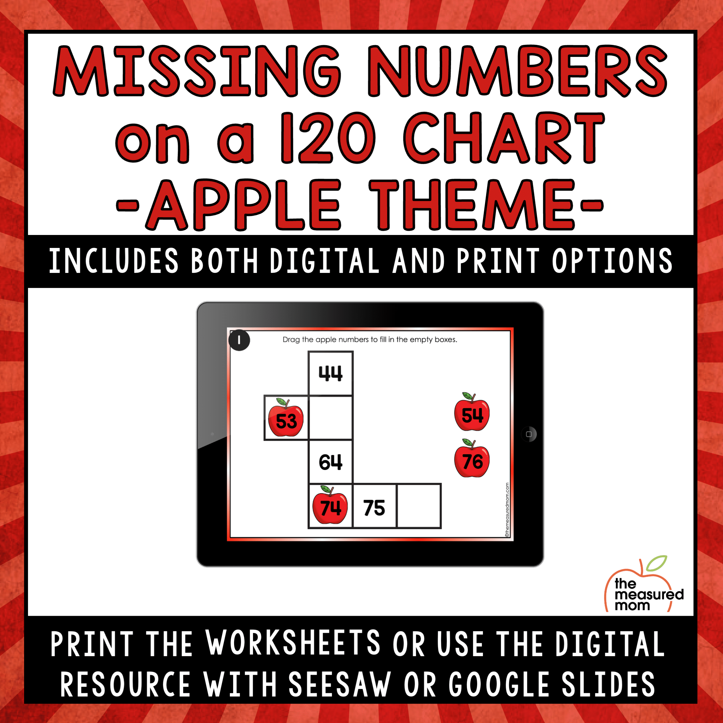 Missing Numbers on a 120 Chart - Apple Theme - Google Slides & Seesaw ...